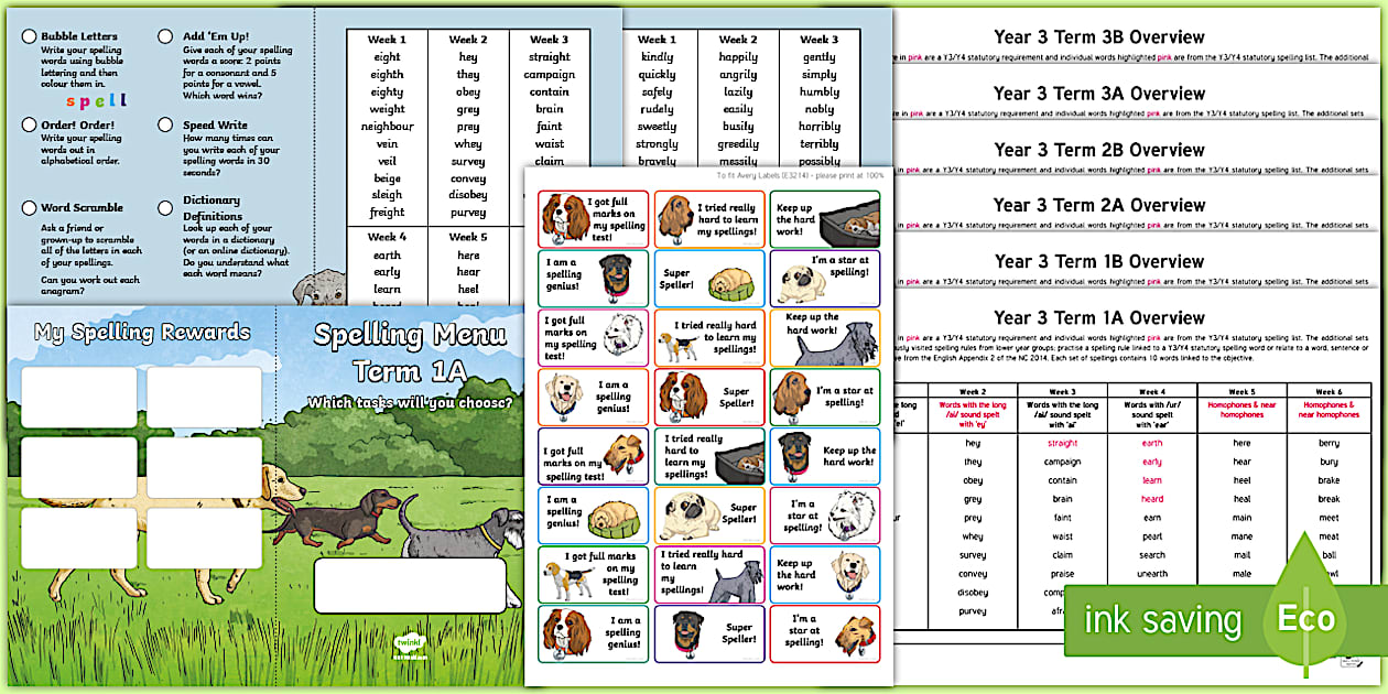 Editable Year 3 Dog Themed Spelling Menu Pack (teacher made)