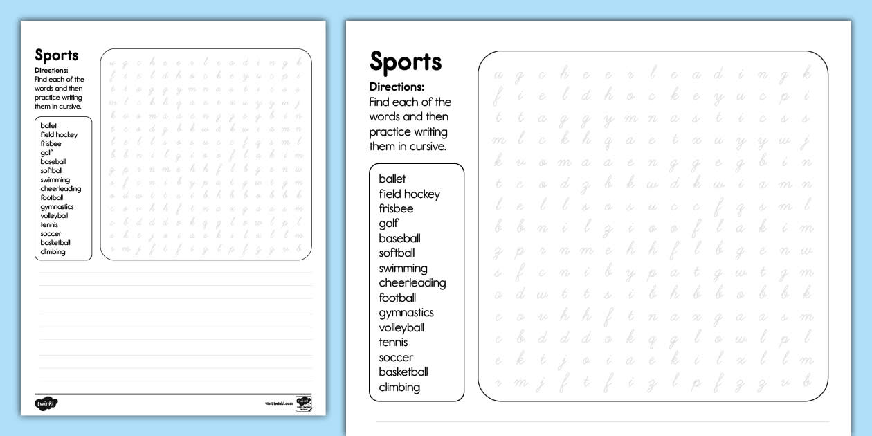 Sports Cursive Word Search and Write Activity (teacher made)
