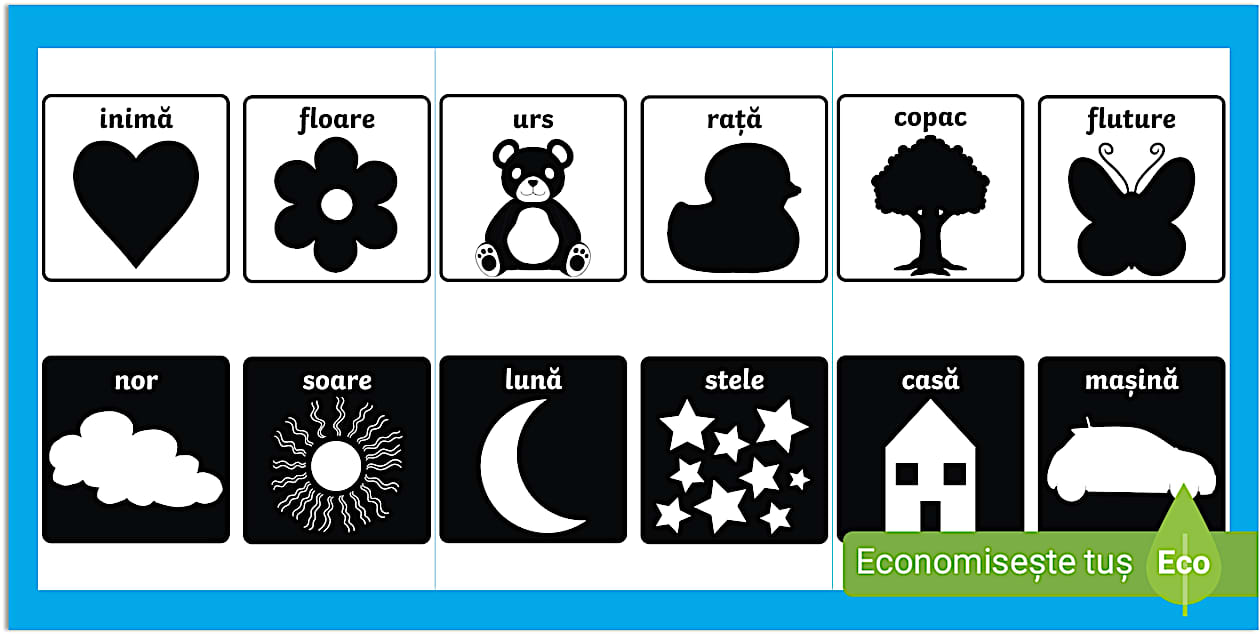 Cartonașe contrastante cu vocabular pentru bebeluși