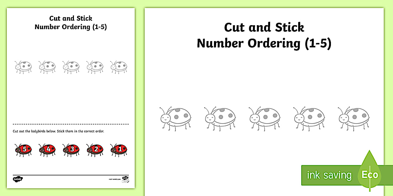 Cursive Ladybird Themed Cut and Stick Number Ordering Activity 1-5