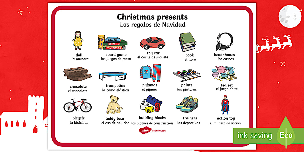 Christmas Presents Word Mat English/Spanish - EAL, Christmas Presents ...