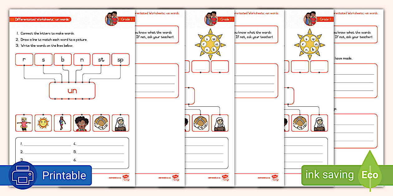 Grade 1 Phonics: -un Differentiated Worksheets - Twinkl