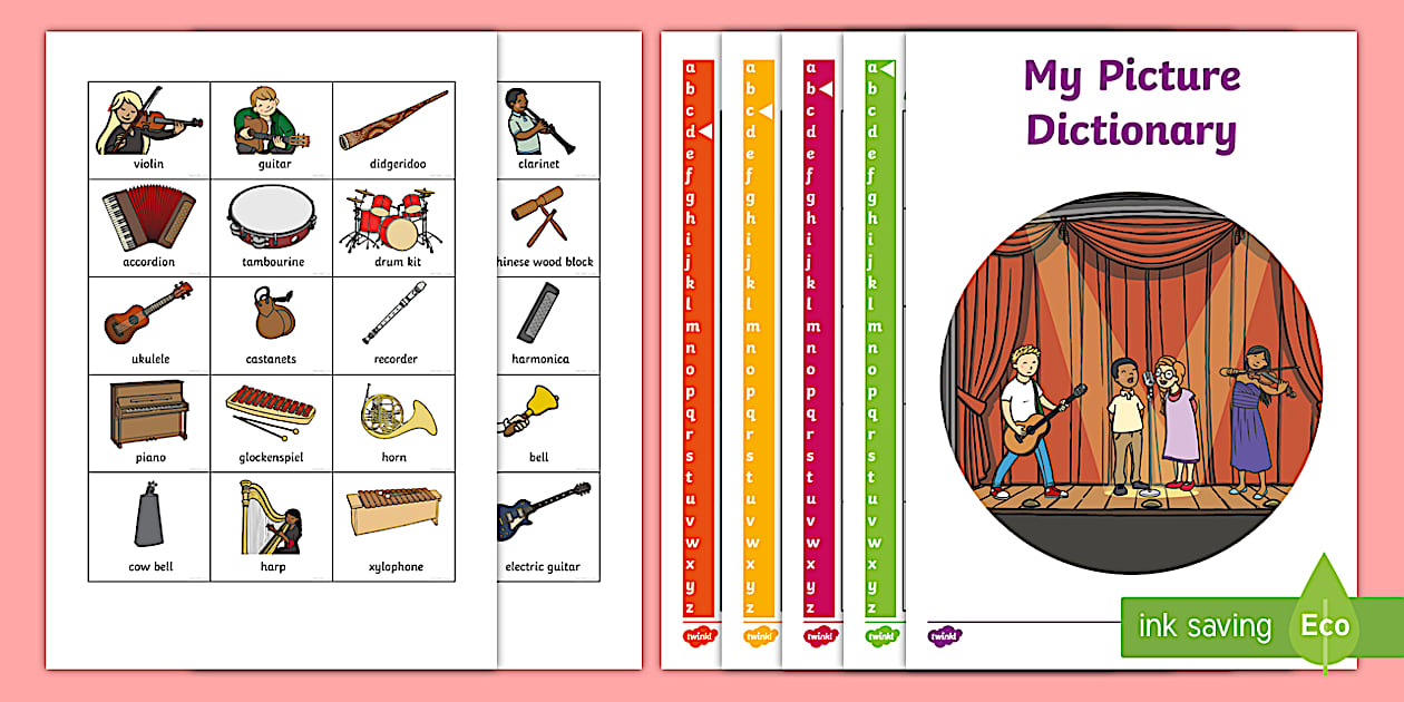 NSW Musical Instruments Picture Dictionary and Worksheets - English