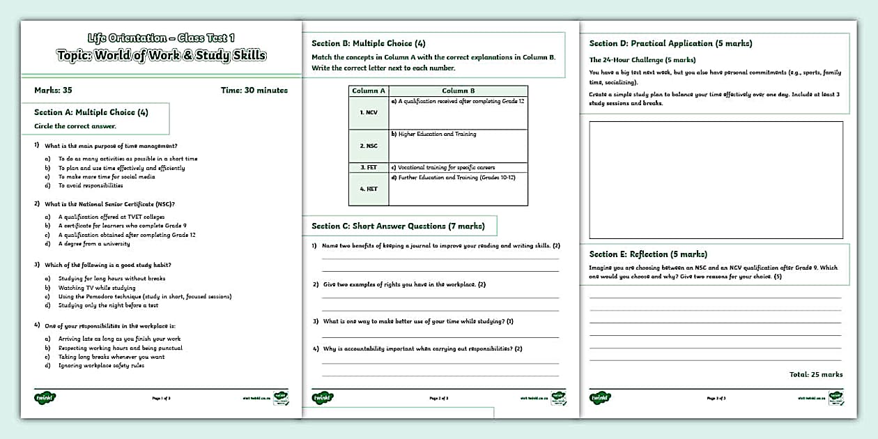 World of Word Grade 9 Life Orientation Class Test - Twinkl