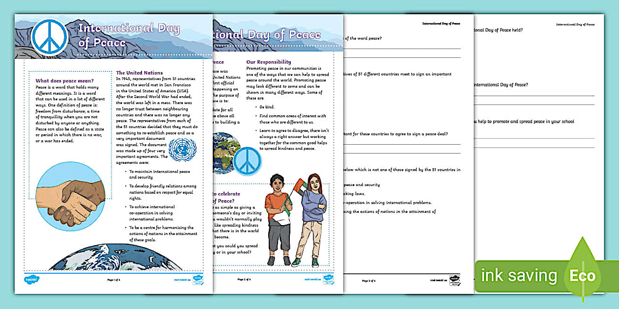 International Day of Peace Reading Comprehension - Twinkl