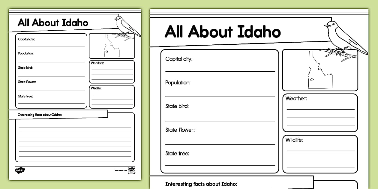 All About Idaho Research Worksheet for K-2nd Grade