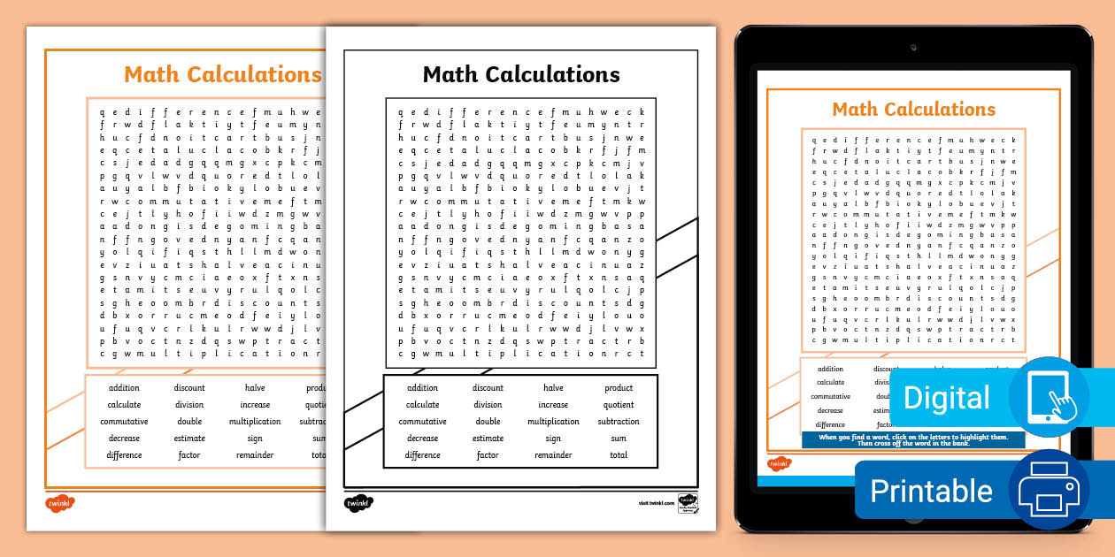 Seventh Grade Math Calculations Word Search (teacher made)