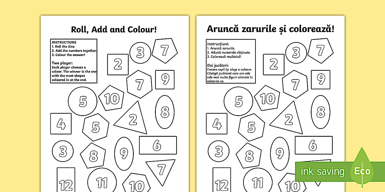 2D Shapes Roll and Color Dice Addition Activity - English/Romanian - 2D ...