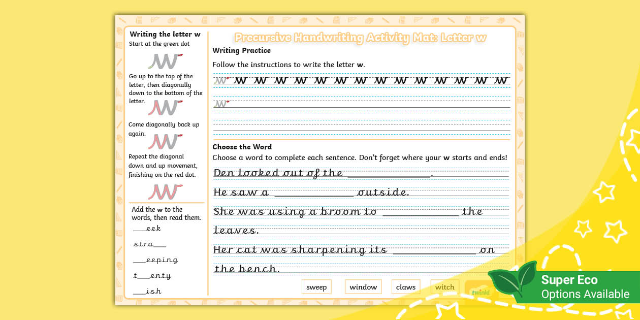 Precursive Handwriting Activity Mat: Letter w - Twinkl