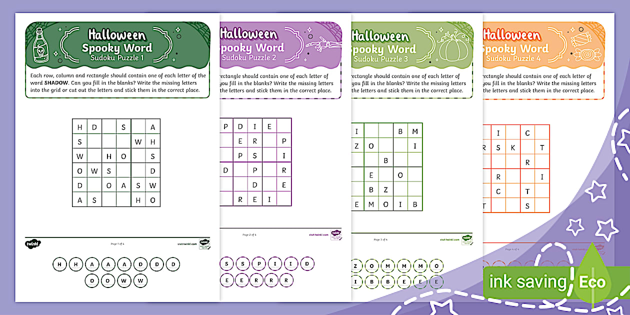 Halloween Word Sudoku Puzzles (Ages 5 - 7) (teacher made)