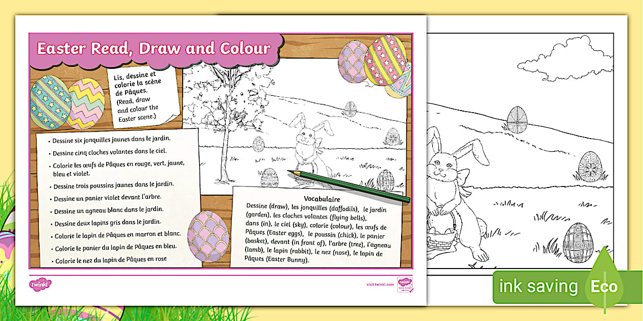 👉 French: Easter Read, Draw and Colour Worksheet - KS2 Resource