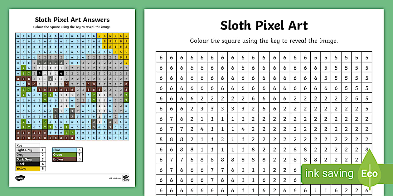 Sloth Pixel Art Template | Twinkl | KS1 | Pixel Art - Twinkl