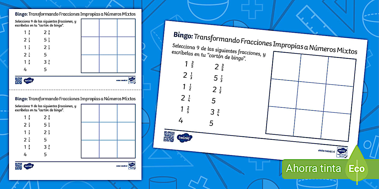 Bingo Fracciones Impropias y Números Mixtos - Twinkl