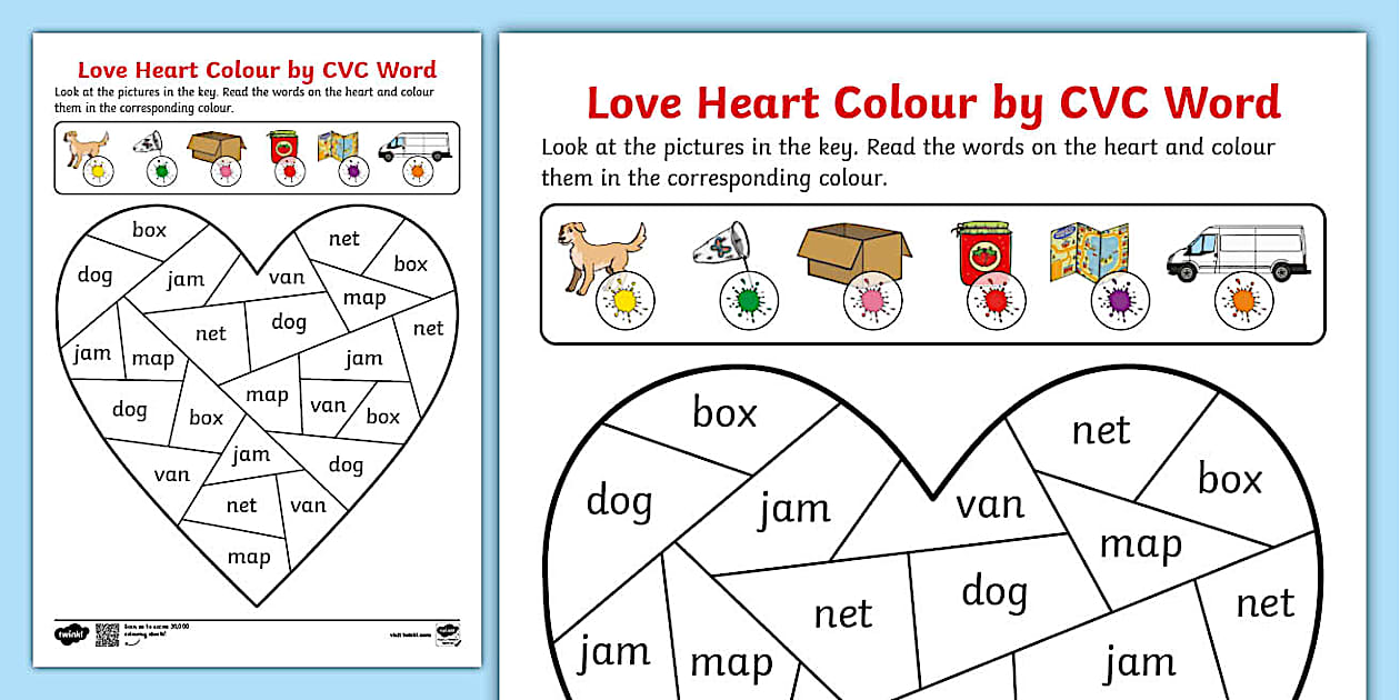 Heart and Love Colour In by CVC Word Activity | Twinkl