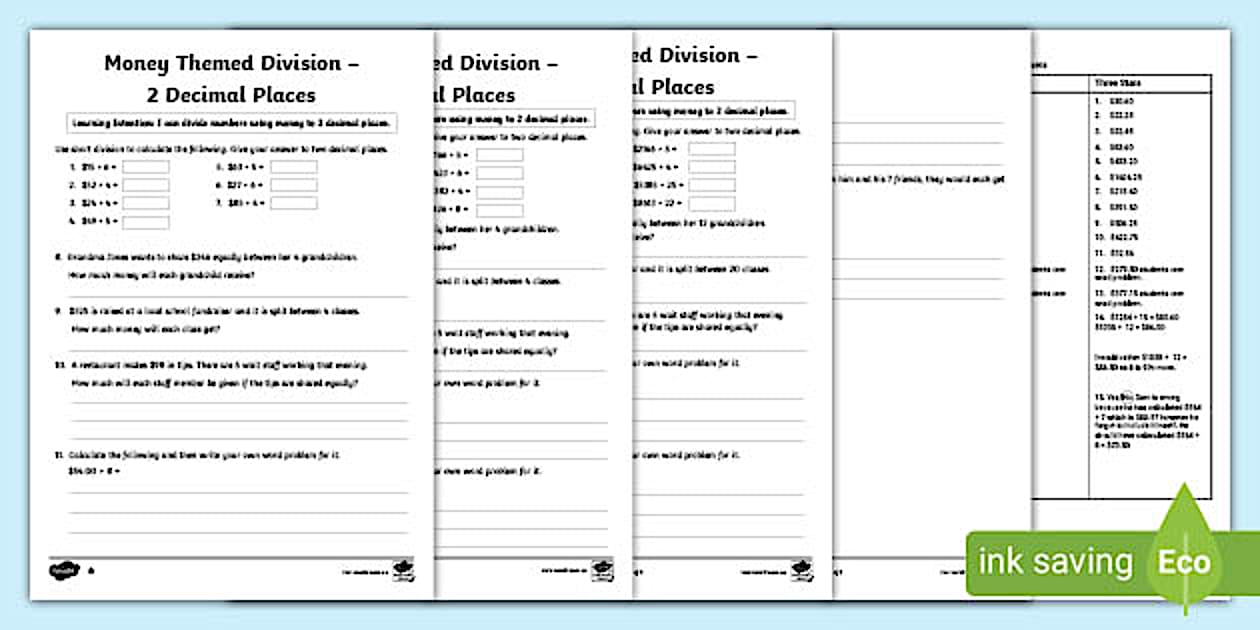 Money Themed Division – 2 Decimal Places (teacher made)