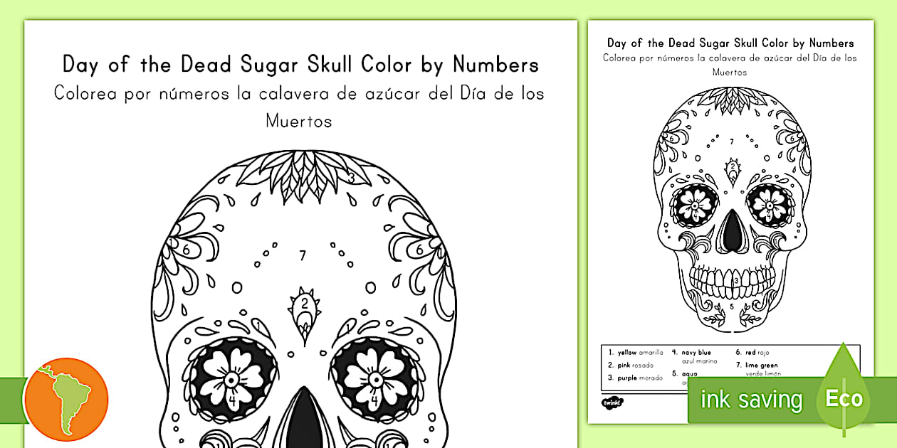 Day of the Dead Color by Numbers Sugar Skull - English/Spanish- Guía de