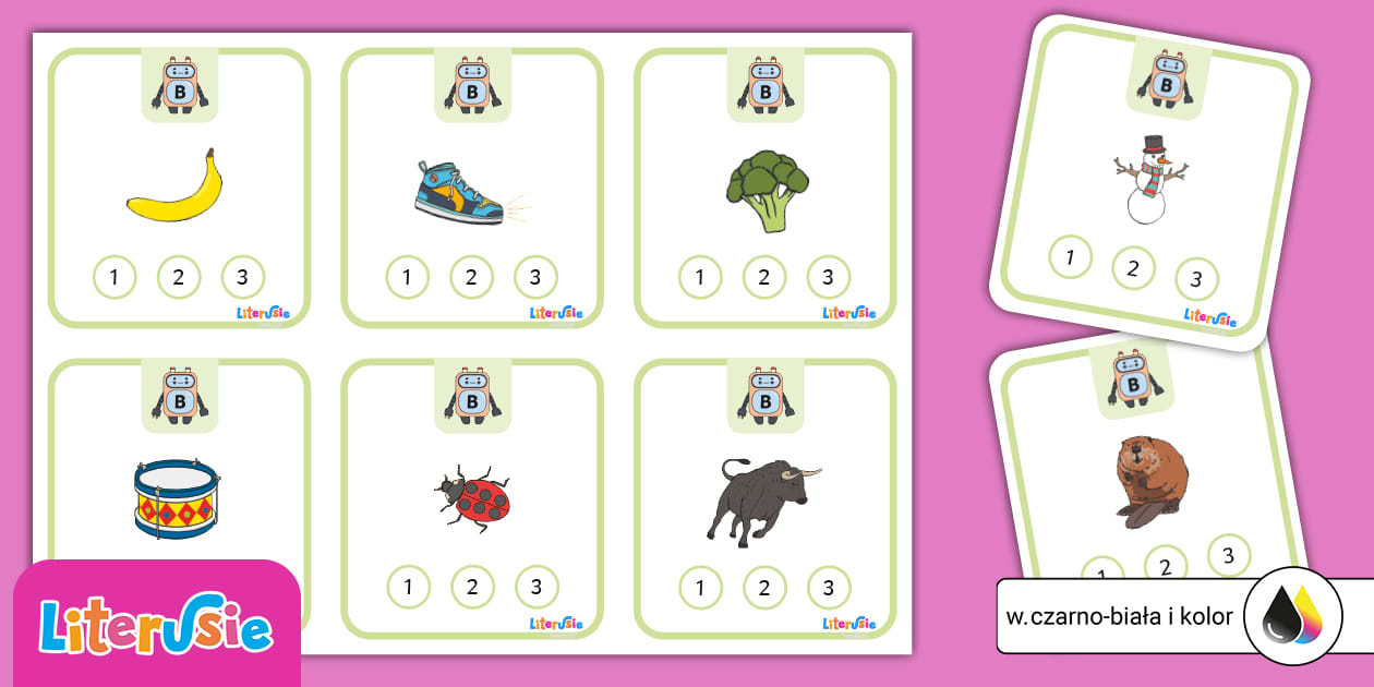 Literuś B | Policz sylaby w wyrazach na literę B | Fiszki