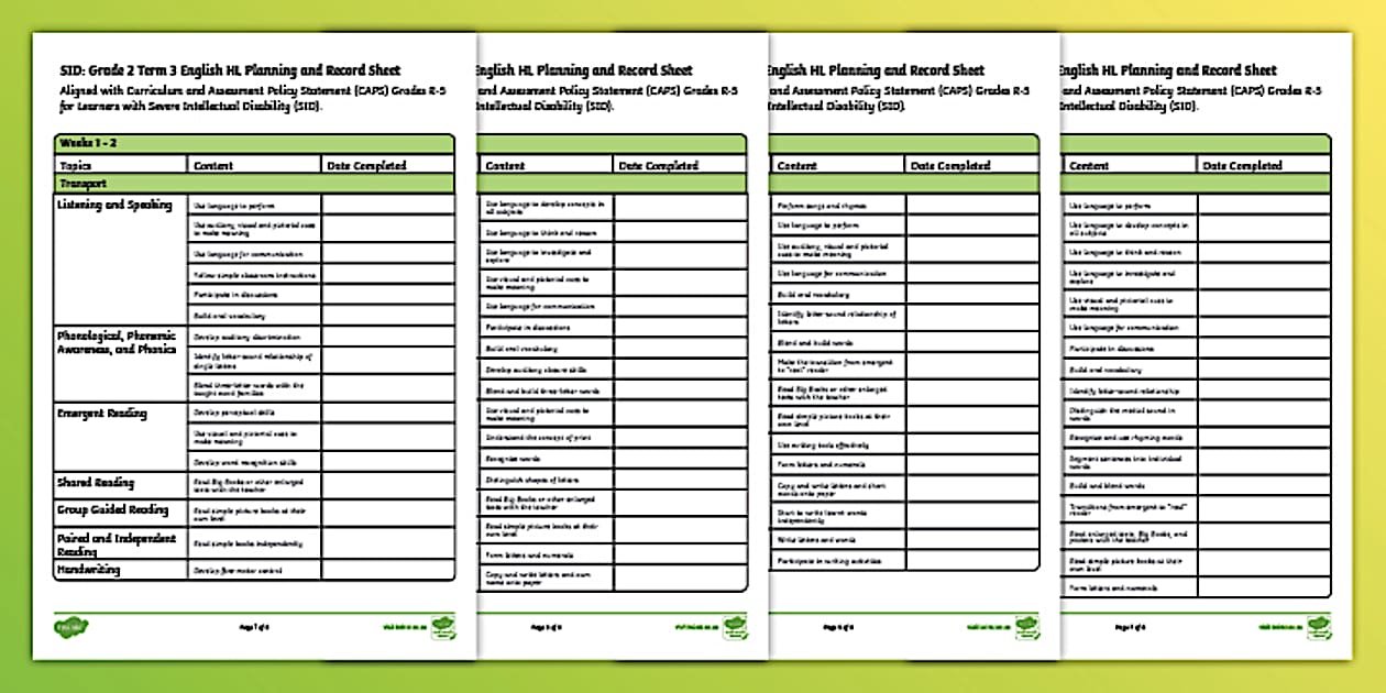 SID: Grade 2 Term 3 English HL Planning and Record Sheet