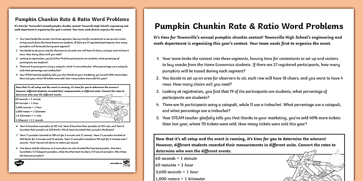 6th Grade Pumpkin Chunkin Rate & Ratio Word Problem Worksheet