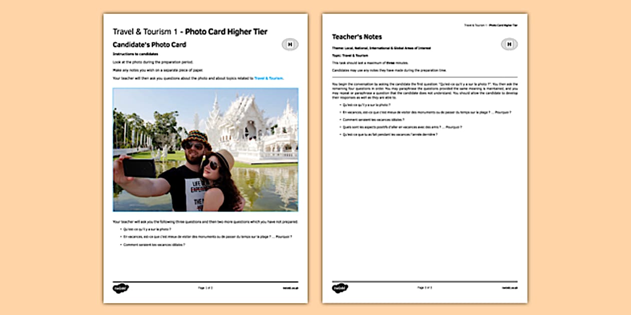 Travel and Tourism 1 GCSE Higher Tier Photo-Card French