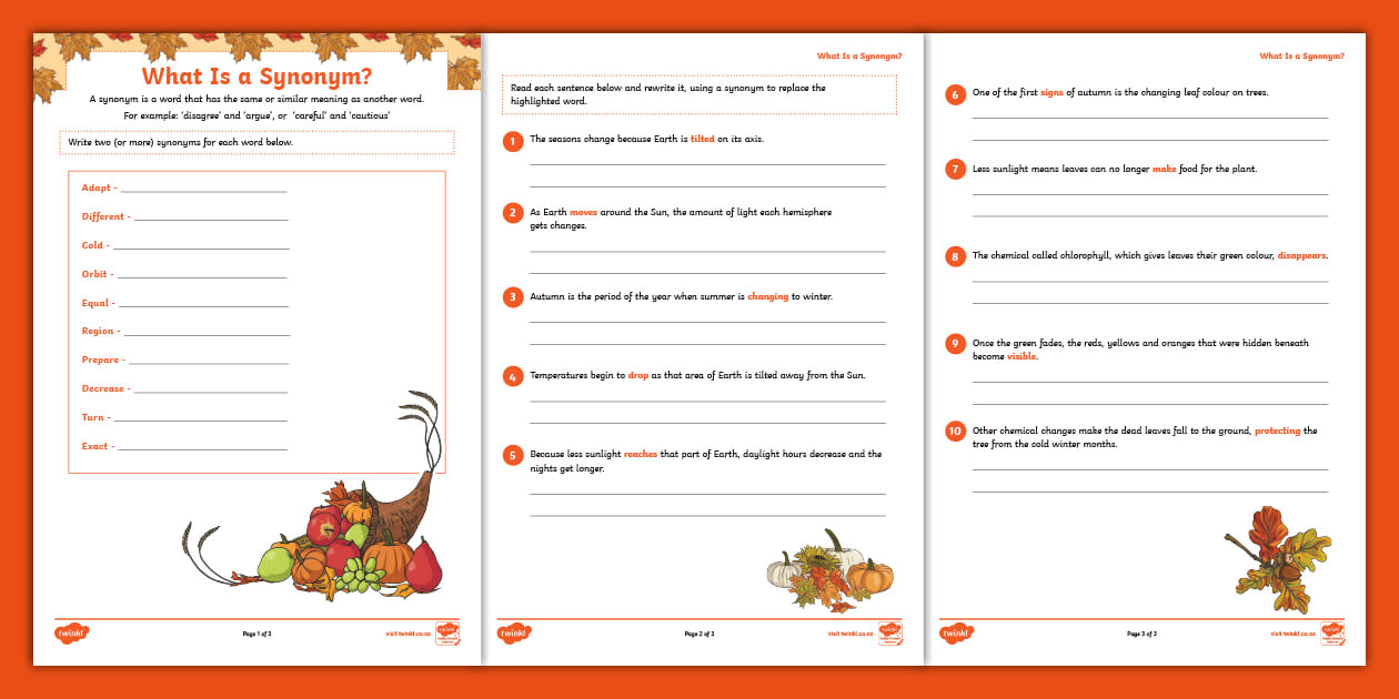 Year 5 and 6 Autumn Synonyms Activity Sheets - Twinkl