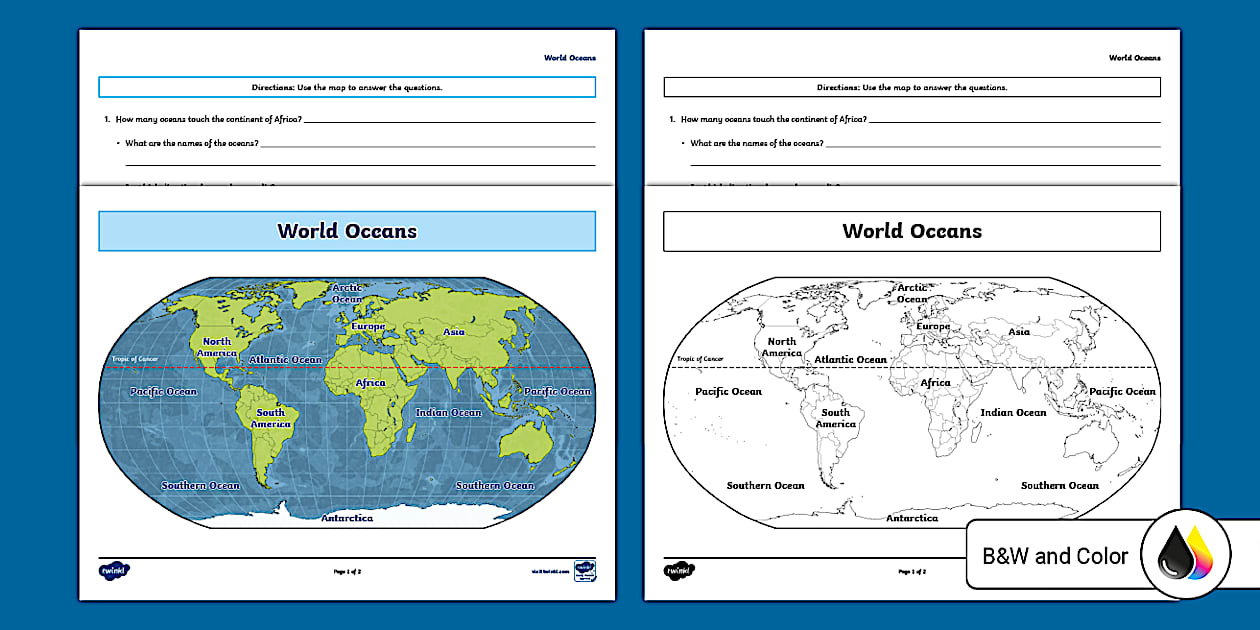 Fifth Grade World Oceans Map Worksheet