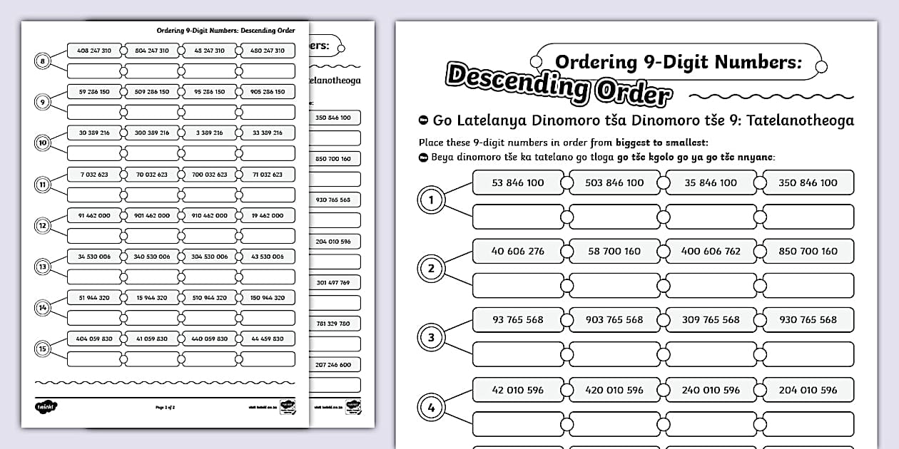 Ordering 9-Digit Numbers: Descending Order Activity Sheet Sepedi