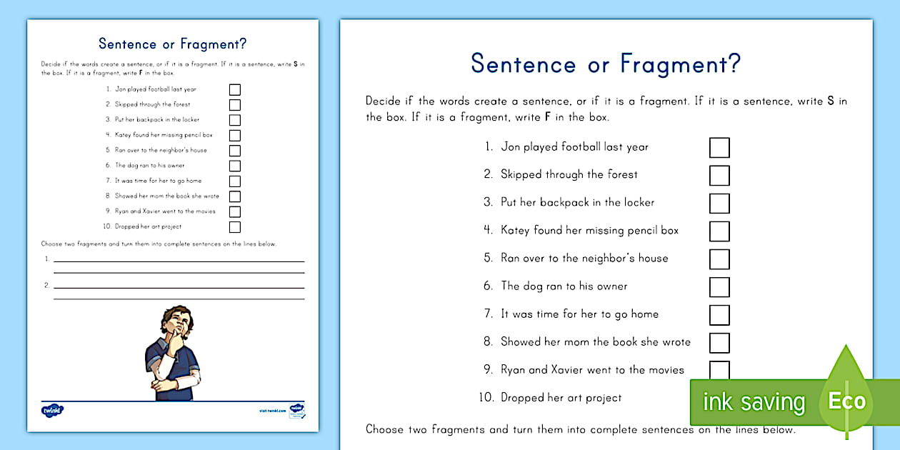 Sentence Fragment Worksheet Worksheet | ELA Teaching Resource