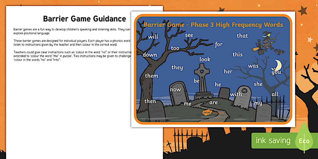 Halloween Themed Phase Three High Frequency Word Barrier Game Worksheet