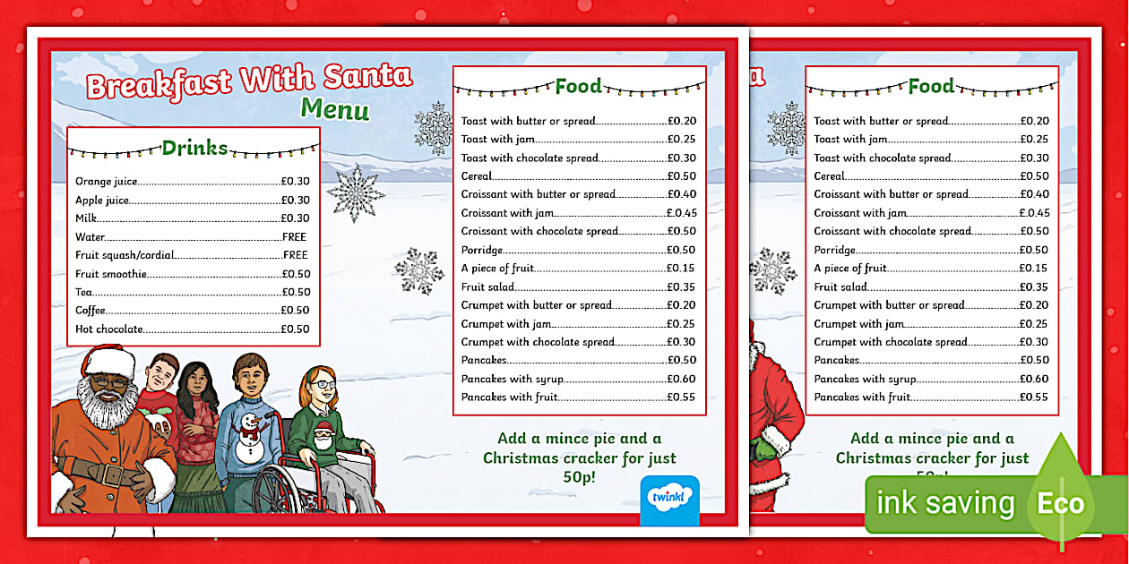 Breakfast with Santa Menu (teacher made) - Twinkl