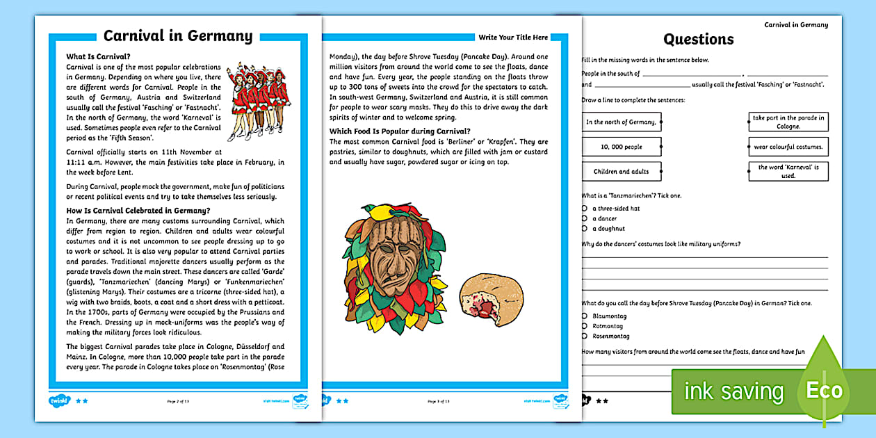 Carnival in Germany Differentiated Reading Comprehension Activity