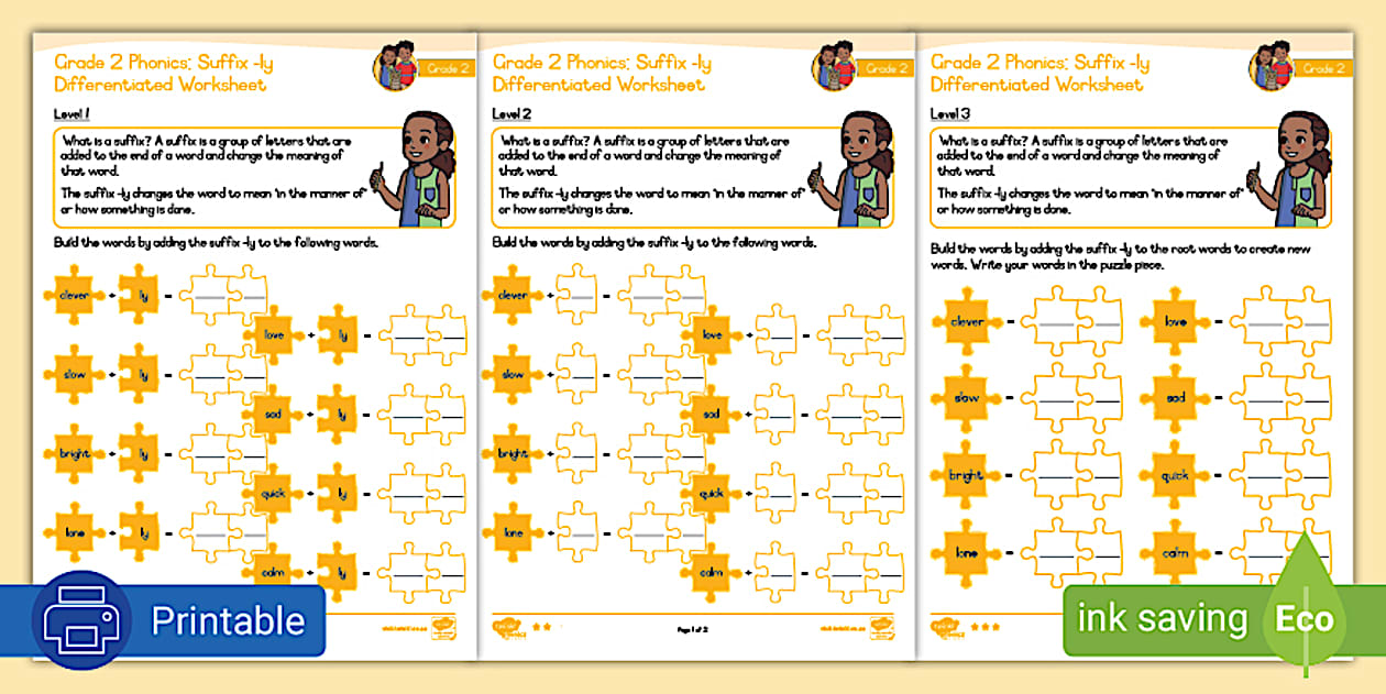 Grade 2 Phonics: Suffix -ly Differentiated Worksheets