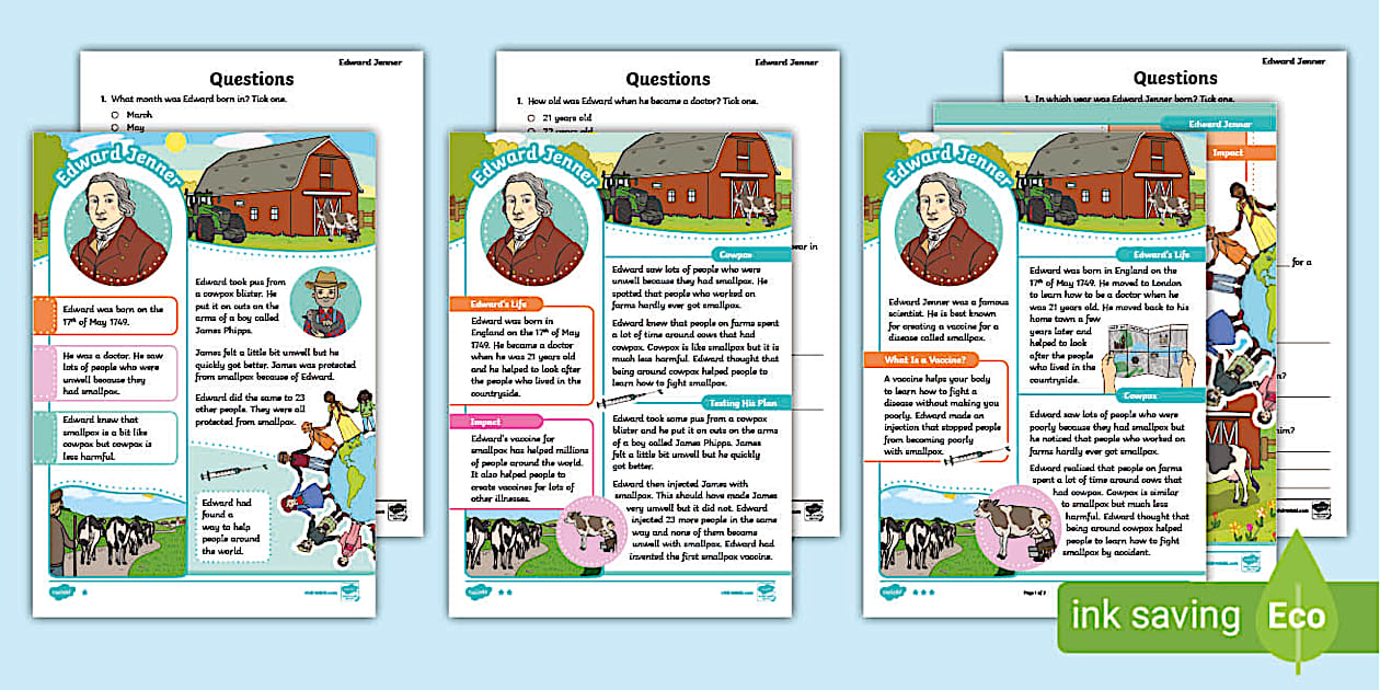 KS1 Edward Jenner Differentiated Reading Comprehension Activity