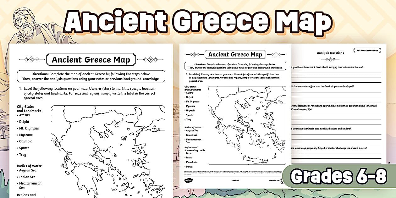 Ancient Greece Map Labeling & Analysis Worksheet for 6-8 Gr
