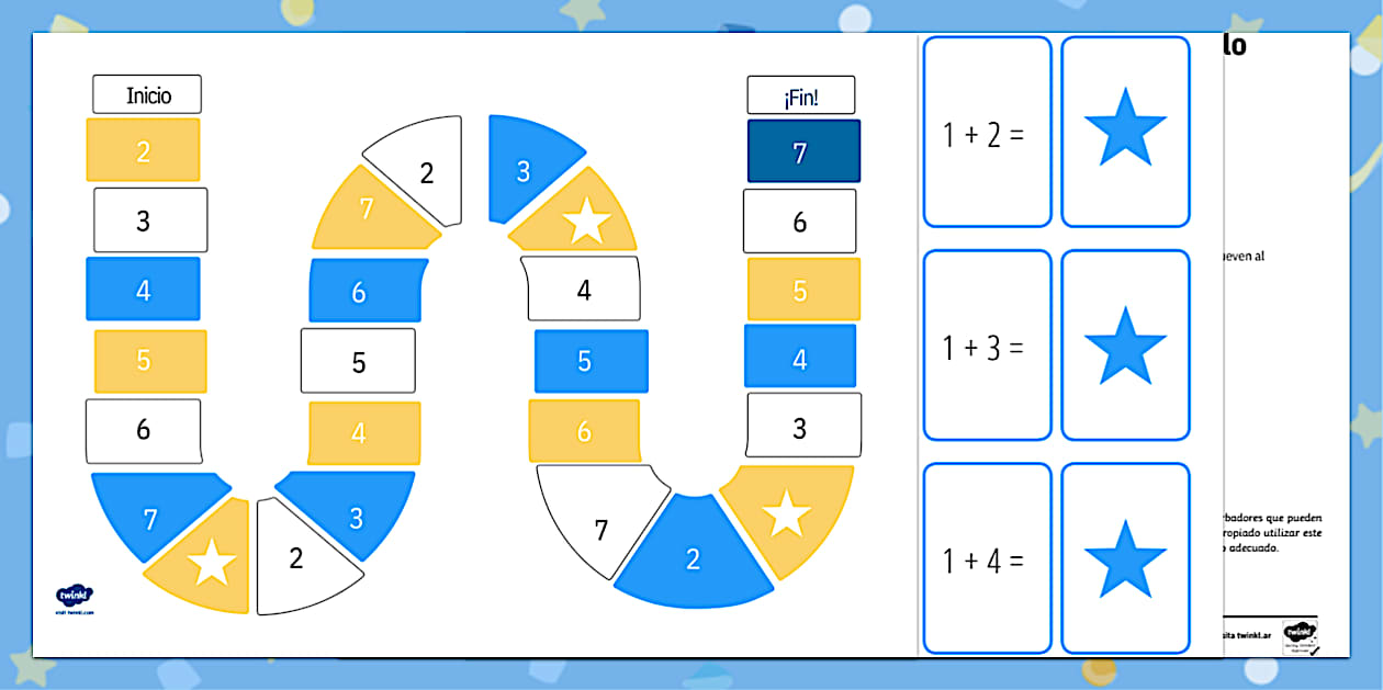 Juego de Mesa: sumas en celeste, blanco y amarillo - Twinkl