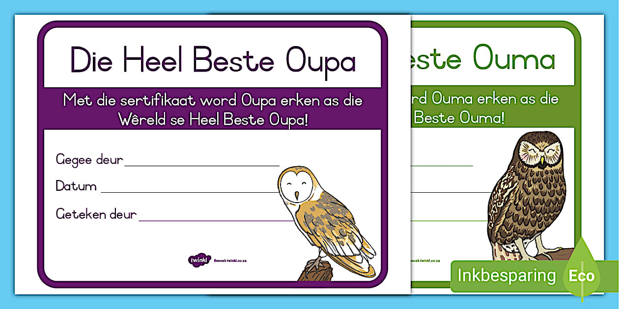 Die Heel Beste Ouma- en Oupa Sertifikaat - Twinkl