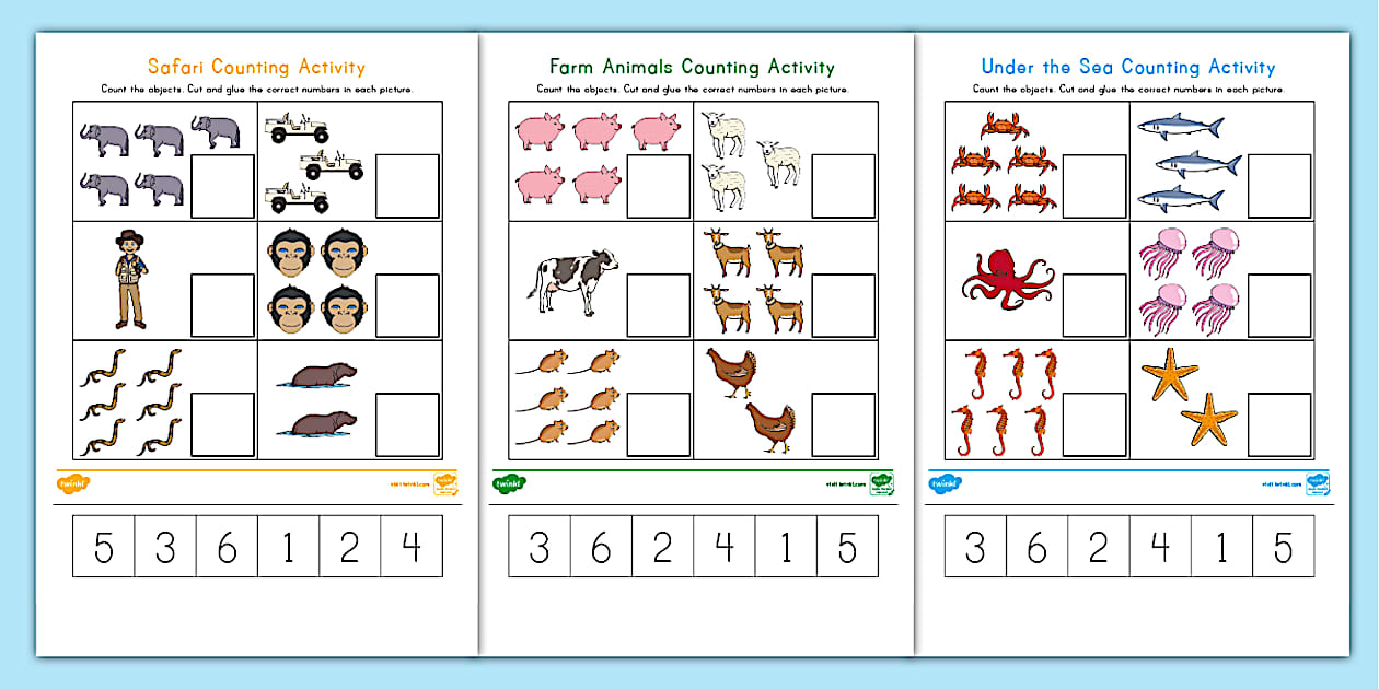 Black and White Counting 1 to 6 Cut and Stick Activity Sheets