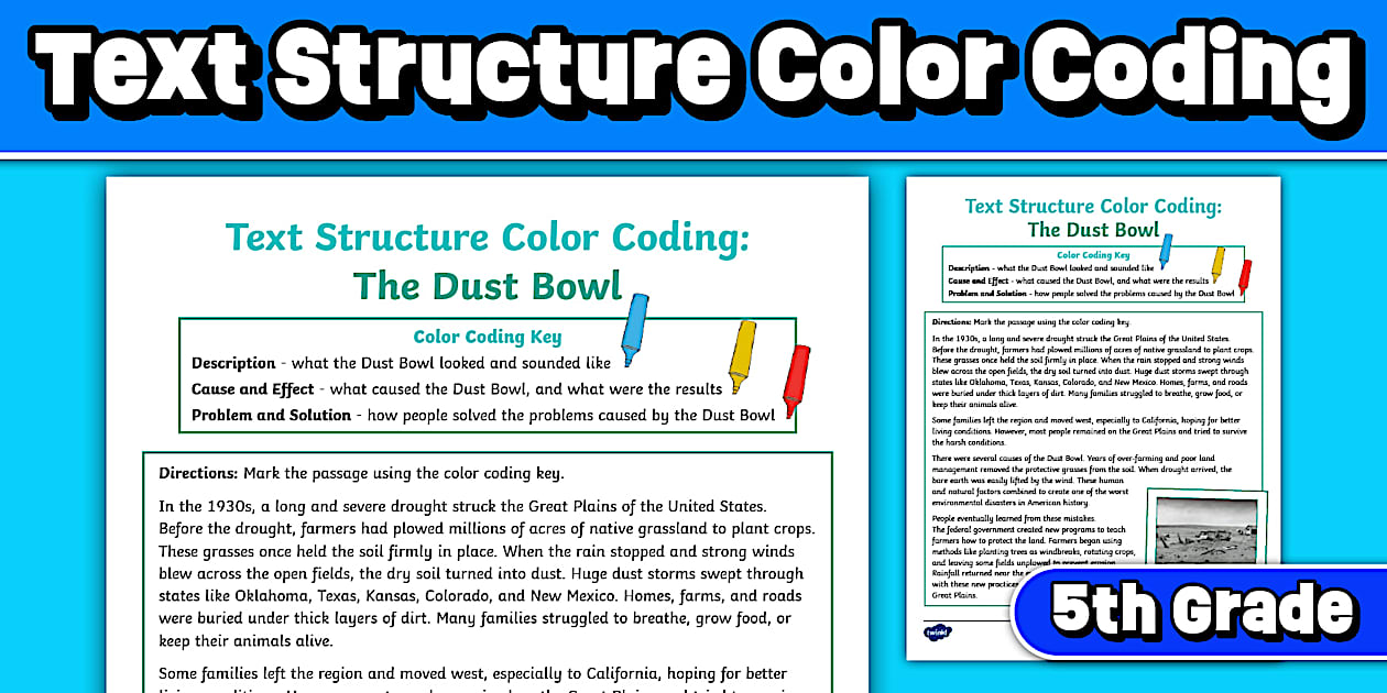 Fifth Grade Text Structure Color Coding Passage