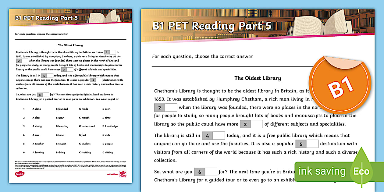 ESL B1 PET Reading Part 5 Worksheet (Library) (teacher made)