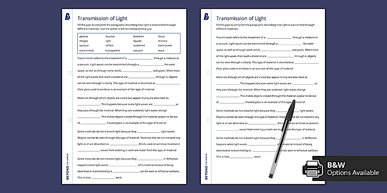 Transmission of Light Gap Fill Worksheet | Beyond Secondary