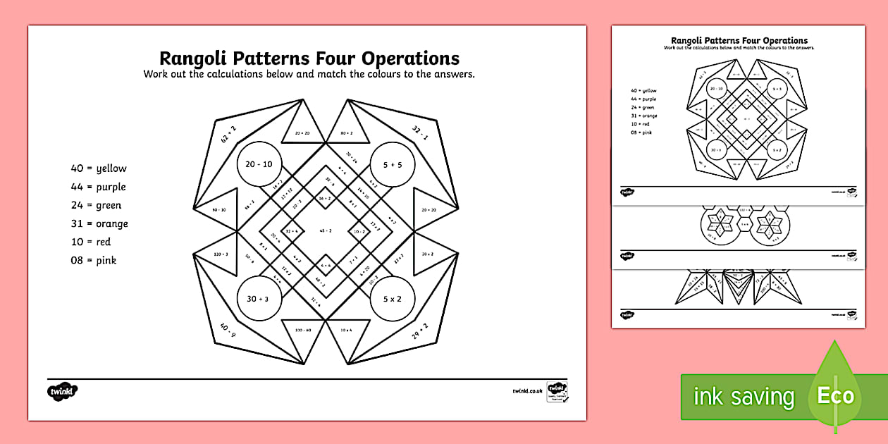 Rangoli Patterns 4 Operations to 100 Colour by Number - Rangoli Patterns