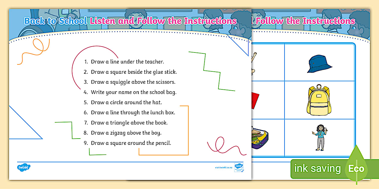 Back to School Listen and Follow the Instructions Activity