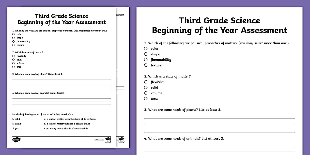 Third Grade Beginning of the Year Science Assessment