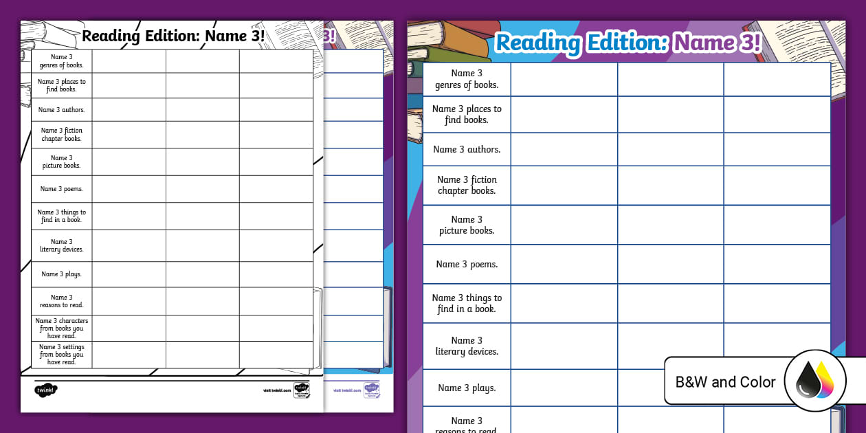 Reading Edition: Name 3 Game for 3rd-5th Grade - Twinkl