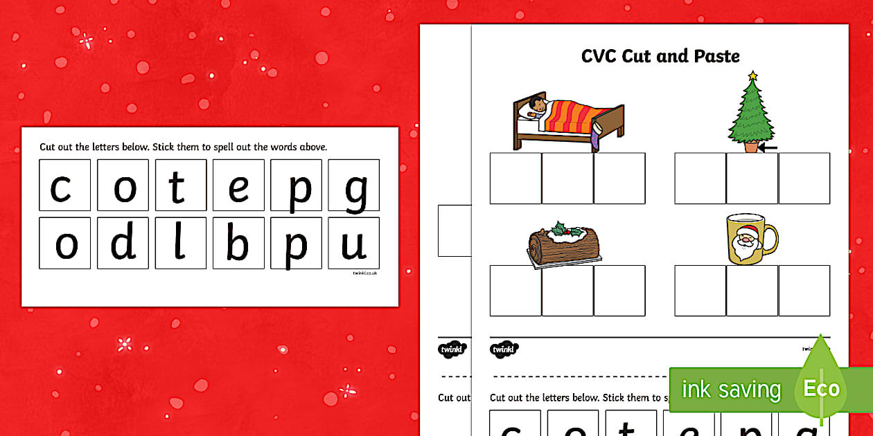 Black and White Christmas CVC Words Cut and Paste Activity