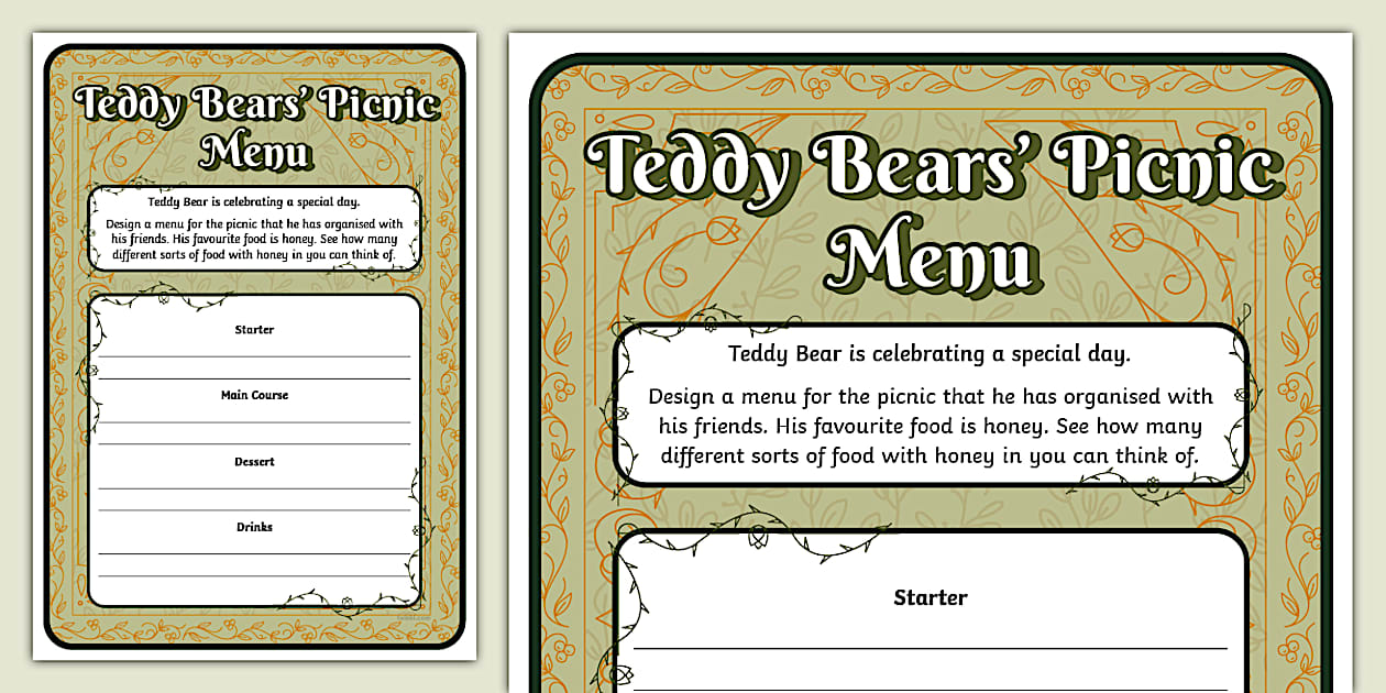 Traditional Tales Themed Teddy Bears' Picnic Menu Worksheet