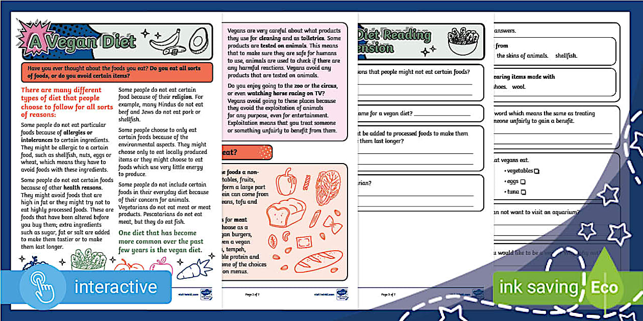 Printable Vegan Diet Reading Comprehension | Parents Age 5-7
