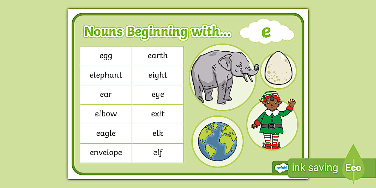 Nouns Beginning With 'e' Word Mat - Twinkl