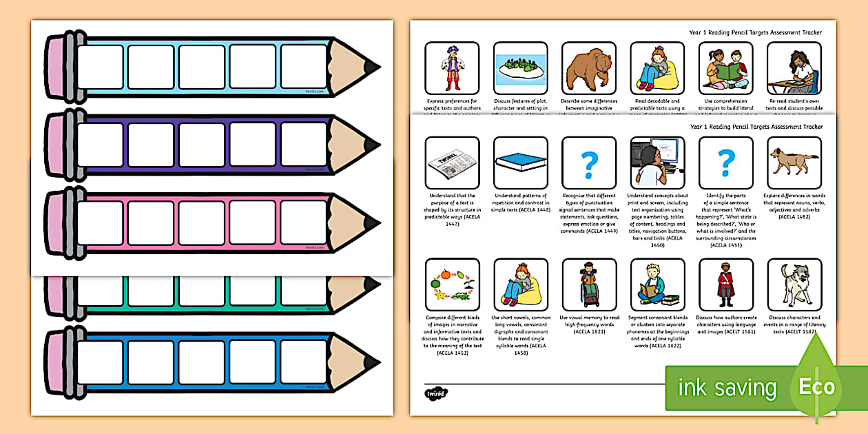 Editable Year 1 Reading Pencil Targets Assessment Tracker