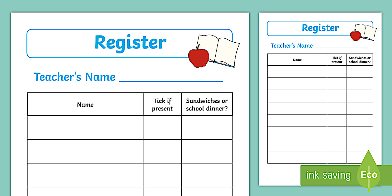 School Register Template - Role Play Resource for Children